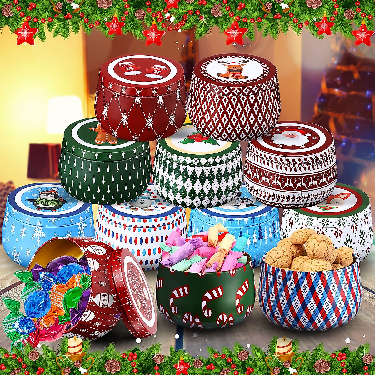 Yungyan Christmas Candle Tin Cans Set Metal Candles Tin Gifts Jars with Lids 8 oz Christmas Cookie Tins Candle Containers for Candle Making Storing Biscuits Tea Party Favors (12 Pcs)