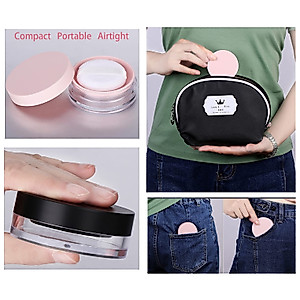 GIYOMI 2PCS Portable Loose Powder Container Makeup Case Travel Kit 10ml Compact Container DIY Makeup Powder Case with Sponge Powder Puff,Elasticated Net Sifter and Threaded Screw Lid(Black+Pink)