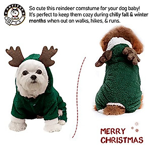AOFITEE Dog Christmas Reindeer Costume Dog Onesie Soft Comfy Coral Velvet Pajamas, Pet Warm Winter Hoodies Jumpsuits for Holiday Party (Small, Green)
