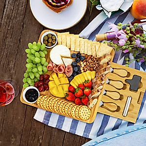 CTFT Cheese Board and Knife Set Bamboo Charcuterie Platter Serving Tray Wooden Cheese Cutting Board Set Gifts for Housewarming Anniversary Wedding Birthday