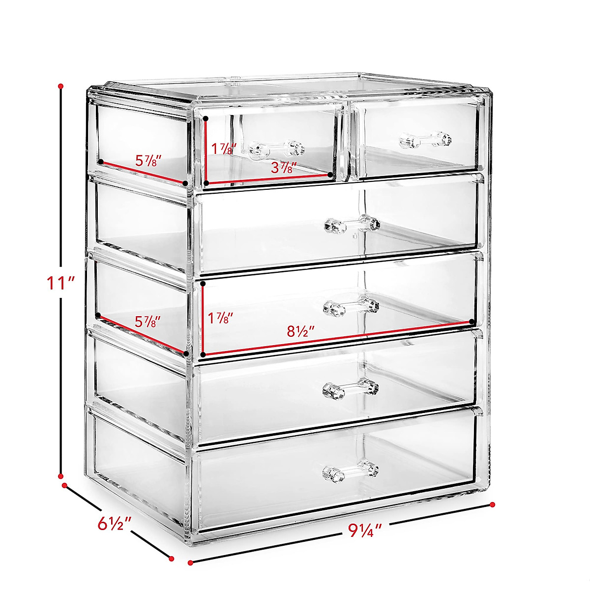 Casafield Acrylic Cosmetic Makeup Organizer & Jewelry Storage Display Case - 4 Large, 2 Small Drawer Set - Clear