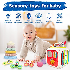 Innofans 5 in 1 Montessori Baby Toys for 3+ Year Old - Sensory Bins Toys, Travel Pull String Toy & Shape Sorter & Stacking Building Blocks & Suction Cup Spinner Toys, Birthday for Baby