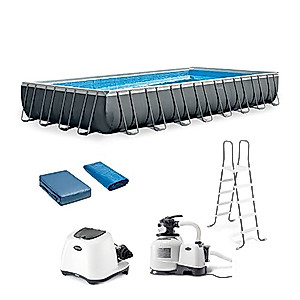 INTEX 32' x 16' x 52" Ultra XTR Frame Above-Ground Rectangular Outdoor Swimming Pool Set with Krystal Clear Saltwater System, Ladder, and Cover