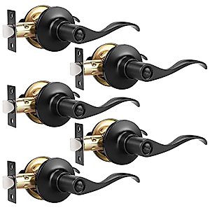 GOBEKOR 5 Pack Black Door Handle with Lock, Matte Black Interior Door Handles Keyless for Bedroom Bathroom Privacy Door Levers Black Bedroom Door Handles Set