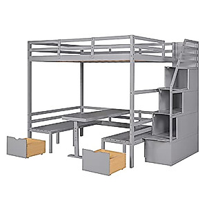 BOVZA Full Over Full Bunk Bed with Staircase, Convertible Dorm Loft Bed with Desk, Seat and Storage Drawers for Kids Boys Girls Teens, Gray