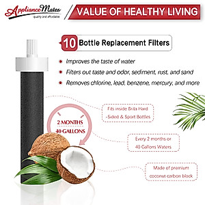Water Bottle Filter Replacement for Brita, 10 Packs Bottle Filters Replacement for Brita BB06，Compatible with Brita Insulated Filter Stainless Steel and Plastic Water Bottle by APPLIANCEMATES