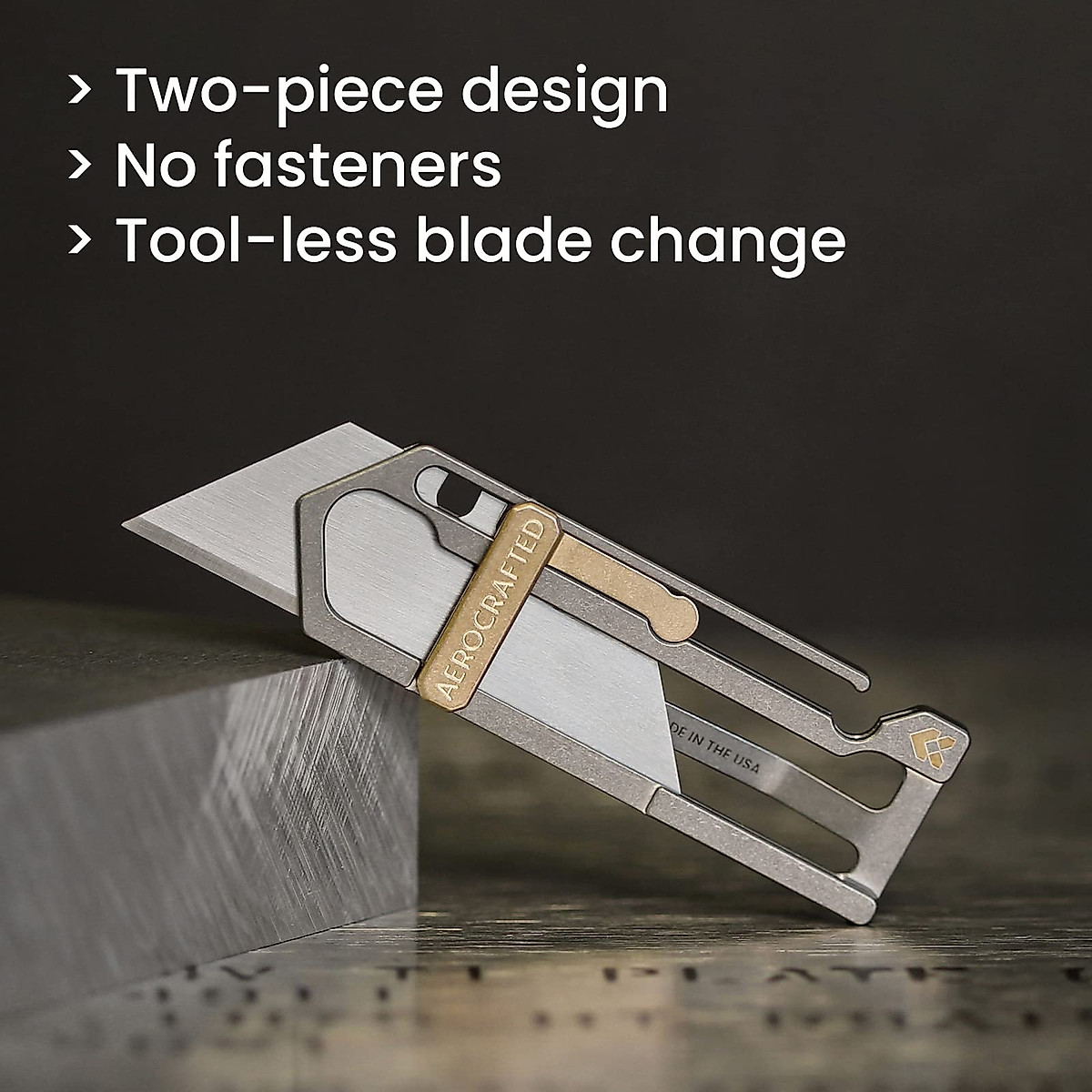 Aerocrafted Sideslip Utility Knife, EDC Everyday Carry, Razor Blade, Made in the USA (Titanium/Bronze, Right-handed)