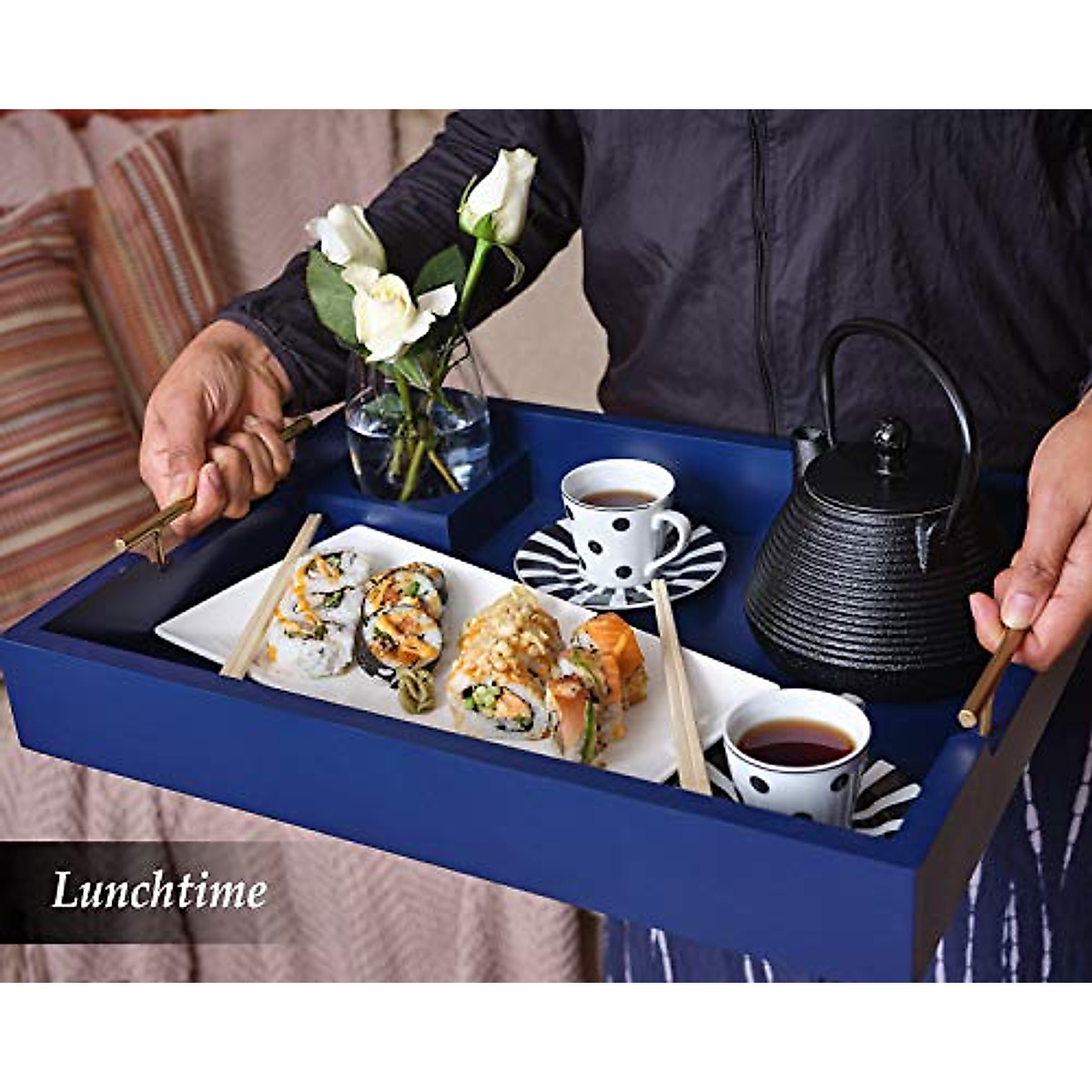 Deluxe Ottoman Tray- Wooden Serving Tray with Handles and Incorporated Cup Holder- Mid Century Modern Décor- Dark Navy Blue Tray 18"x14"x.3