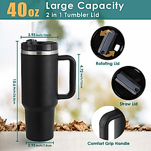 PIMDIR 40oz Tumbler with Handle Straw Lid, Stainless Steel Vacuum Insulated Reusable Travel Mug Keep Drinks Cold Ice Gym Cup, Gifts for Women Men Lovers, Car Holder Friendly, Black