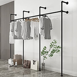 OUBITO Industrial Pipe Clothing Rack,Moden Commercial Grade Pipe Clothes Racks,Wall Mounted Closet Storage Rack,Hanging Clothes Retail Display Rack,Heavy Duty Steampunk Garment Racks,Black(Three)