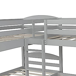 Quad Bunk Bed with Trundle L-Shape Bunk Bed Twin Over Twin Corner Bunk Bed for 4 or 5 Kids Boys Girls Teens, Gray