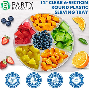 PARTY BARGAINS 12" Round Plastic Serving Tray, 6-Sections, Clear, Pack of 4
