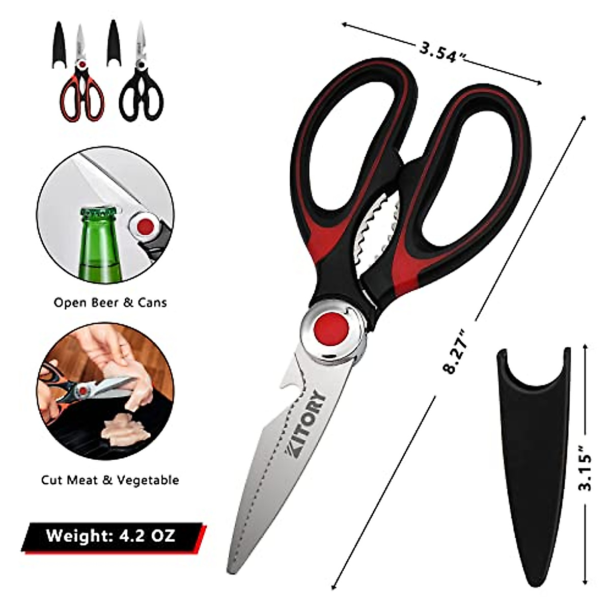 KITORY Kitchen Shears Multi-Purpose Kitchen Scissors Ultra Sharp Heavy Duty Sissors with Sheath for Poultry/Chicken/Fish/Meat/Veggies/Office/BBQ Nut cracker Bottle Opener - Red&Black