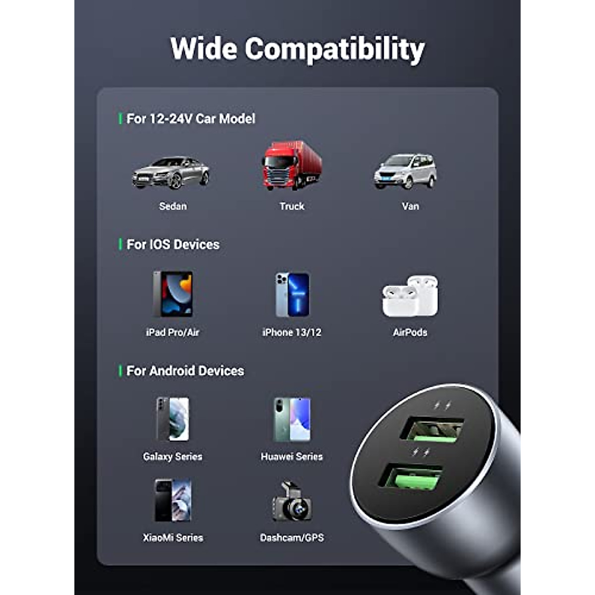 UGREEN USB Car Charger Adapter 36W - Dual USB Car Charger Fast Charging, Cigarette Lighter Adapter Compatible with iPhone 14/13/12/11/SE/XR/X/XS, Galaxy S22/S21/S20/S10/Note 20, Pixel 5/4/3