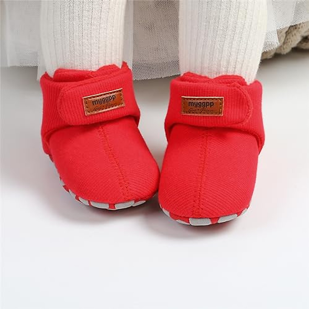Timatego Newborn Baby Boys Girls Cozy Fleece Booties with Grippers Stay On Slipper Socks Infant Toddler Crib Winter Shoes for Boys Girls(0-6 months infant 32 Red)