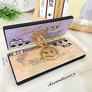 Topwin Galaxy S22 Ultra Kickstand Case, Cute Marble Conch Shell Floral Butterfly with Ring Stand Elegant Shockproof Protective Cover for Girls Women for Samsung Galaxy S22 Ultra (Rose Gold)