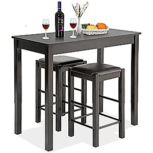 Dining Table Set for 2, Bar Table and Chairs Set, 3 Piece Kitchen Counter Height Table Set, Large Top Table w/Two Cushion PU Leather Bar Stools Dining Room Table Set for Small Spaces, Dark Brown