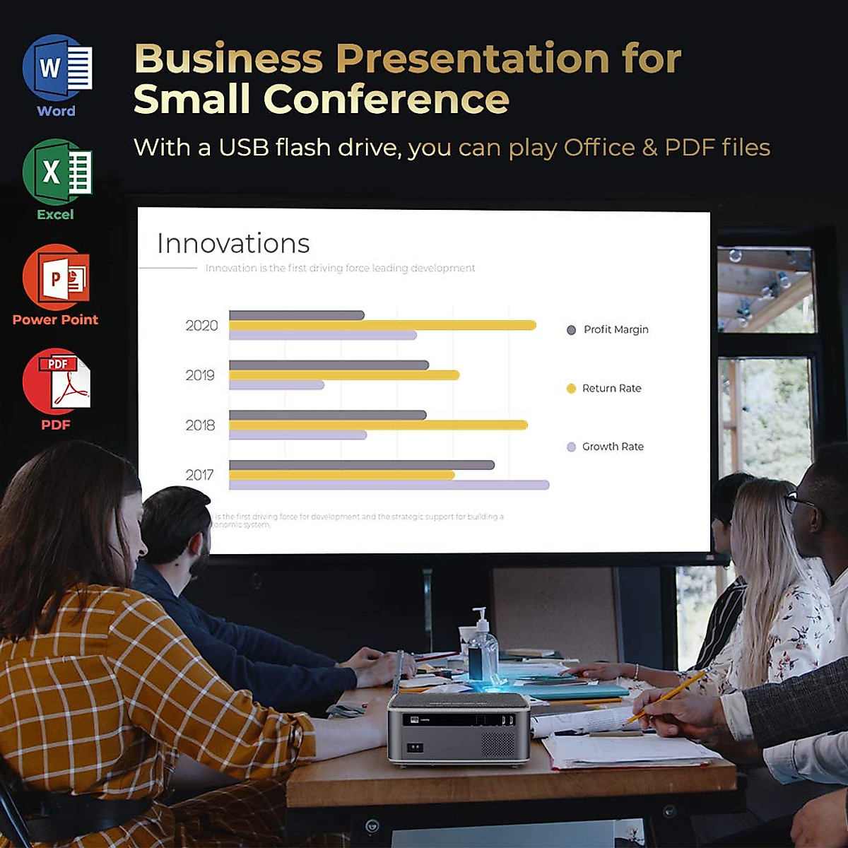 DBPOWER Native 1080P WiFi Projector, Upgrade 12000L 450 ANSI Full HD Outdoor Movie Projector, Support 4K+4P+4D Keystone/Zoom/PPT, 300" Portable Mini Video Projector Compatible w/Phone/Laptop/DVD/PC/TV