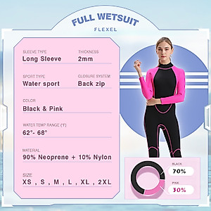 FLEXEL Wetsuit Women Full Body 2mm, Wet Suits for Women Full Wetsuits in Cold Water Weather, Diving Suit for Womens Plus Size Wetsuit Neoprene for Surf Swim Snorkeling Canoeing Scuba Kayaking