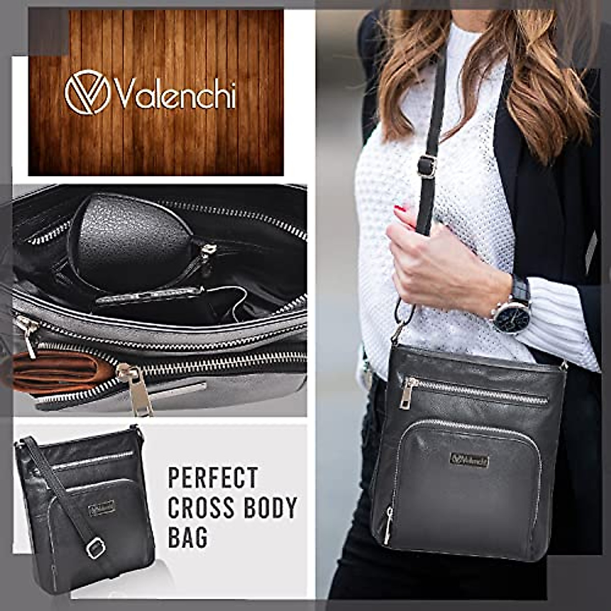 LEVOGUE Genuine Leather Front Pocket Zipper Crossbody Handbag for Women - Handmade by VALENCHI (Black Floater)