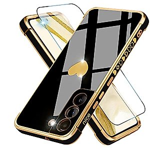 Atump Compatible with Samsung Galaxy S22 Case with HD Screen Protector Shockproof Protection, Love Heart Plating Girly Women Cute Soft TPU Luxury Elegant Case for Galaxy S22 5G Case, Black