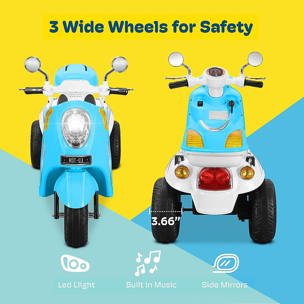 Kidzone Ride On Motorcycle Toy 3-Wheel Battery Powered Motorbike for Kids with Music, Headlight, Horn, Storage Trunk, Key Switch for Boys & Girls - Light Pink