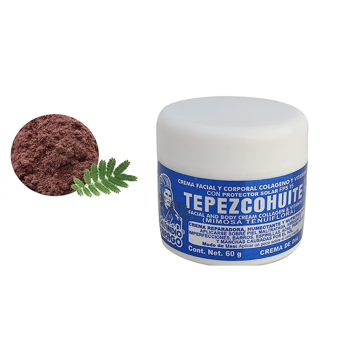 DEL INDIO PAPAGO Facial Day Skin Cream with Tepezcohuite 60g Small - Corporal Colageno Y Vitamina E - Hydrates the Skin
