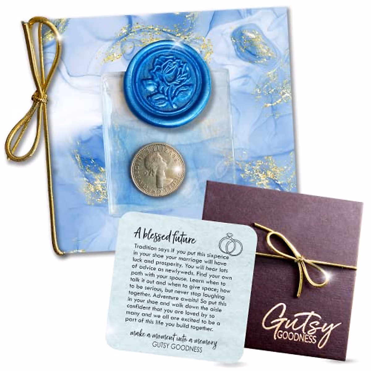 Authentic Silver Sixpence Coin For Bride's Shoe - 4 Piece Set Includes 1960 Sixpence, Sentimental Message Card, Something Old New Borrowed Something Blue Tradition Wedding Poem Card, Keepsake Gift Box