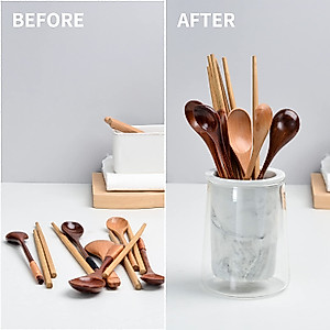 Silverware Caddy, Marble Style Utensil Caddy, Silverware Holder, 3.38″ Utensil Crock with Ceramic Filter Water Utensil Holder and Glass Water Storage Container, Cutlery Caddy, ANTIS'S HOME