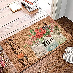 Coir Door Mat Natural Fade - Vinyl Backed Welcome Halloween Fall Summer Door Mat 16x24in Fall Floral Flowers Jars Sunflowers Pumpkins Houses Doormat Home Entryway Farmhouse Decor