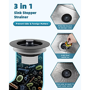 3 in 1 Black Kitchen Sink Stopper Strainer, Matteblack 304 Stainless Steel Pop Up Sink Drain Strainer with Handle Rod for US Standard 3-1/2 inch Drain Filter, Anti-Clog