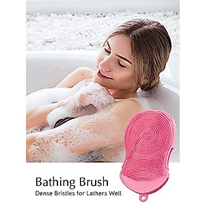 HEETA Silicone Body Scrubber and Hair Shampoo Brush, 2 in 1 Upgrade Scalp Massager Exfoliating Brush for Skin and Scalp Care - Silicone Loofah with Gentle Massage Nodes, Lathers Well (Pink)