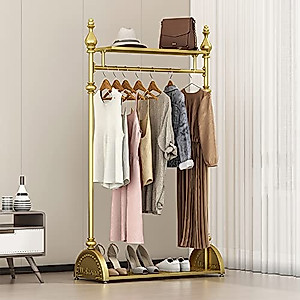 Clothing Rack Gold, Industrial Clothes Rack for hanging Clothes with Double Shelves Freestanding Multi-functional Heavy Duty Garment Rack, Metal Movable Coat Rack for Organizing Clothes Shoes