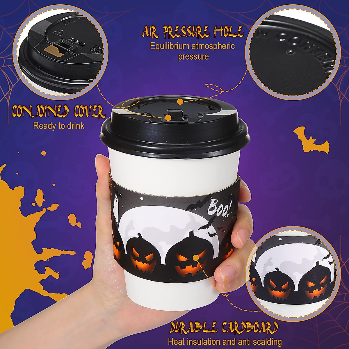 150 Pcs 12 oz Halloween Disposable Coffee Cups with Lids and Coffee Cup Sleeves Paper Hot Coffee Cups Dome Lids and Coffee Cup Tea Cup Sleeves for Halloween Party Decoration Supplies (Horror Pattern)