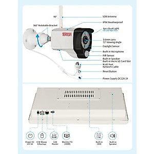 [2K&2 Way Audio&Dual WiFi] Tonton Wireless All-in-One Ultra HD Security Camera System with 16 Inch 5MP Monitor,10CH NVR with 1TB HDD,4PCS 3MP Outdoor Bullet IP Floodlight Cameras with PIR,Plug & Play