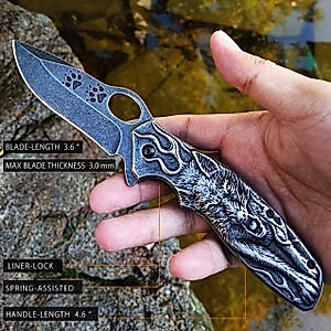2PCS Set Pocket Folding Knife for Men, 3D DRAGON & WOLF Relief, Embossed Edc Knife For Men Outdoor Survival Camping Hiking hunting