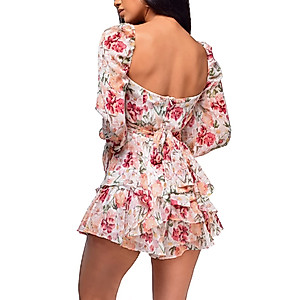 LYANER Women's Floral Print Off Shoulder Long Sleeve Ruffle Hem Romper Short Jumpsuit Floral Pink Medium
