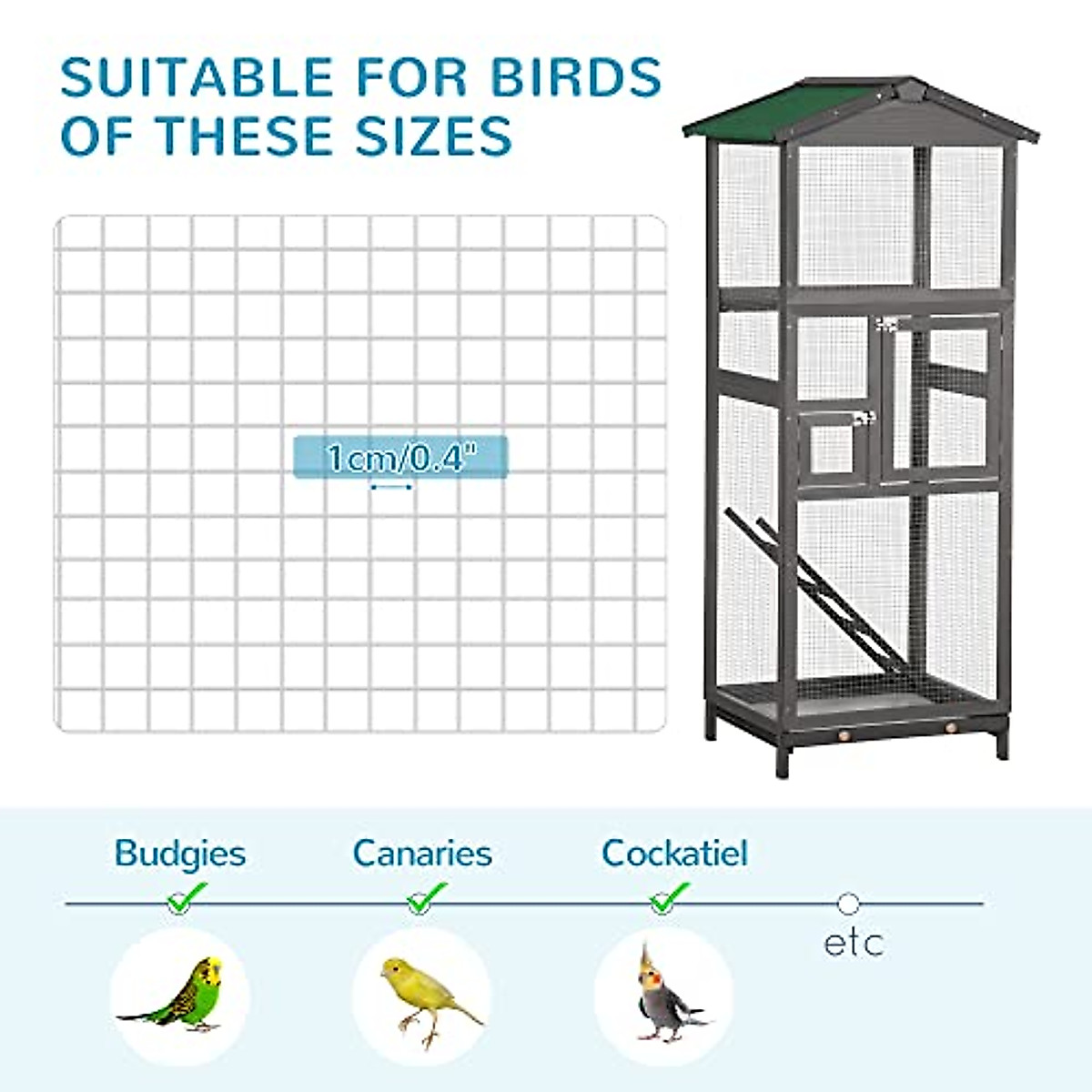 PawHut 65" Wooden Bird Cage Outdoor Aviary House for Parrot, Parakeet, with Pull Out Tray and 2 Doors, Grey