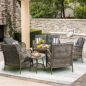 Auzfy Outdoor Patio Furniture Set, 7 Pieces PE Wicker Patio Conversation Sets, Rattan Outdoor Sectional Furniture Set with 4 Pillows & Coffee Table for Garden Backyard Deck, Grey Cushions