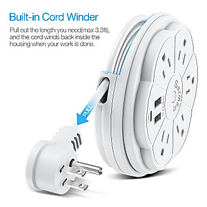 Retractable Power Strip, 5 Outlet Flat Plug Strip with Smart USB Ports and Type-C Port, 900J Surge Protector, 125V/13A, 3.3ft Retractable Extension Cord, Portable & Neat for Travel/Home/Office, White