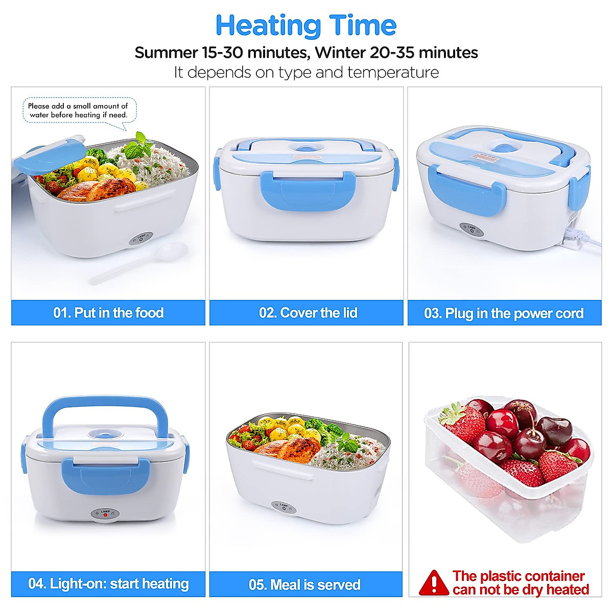 AsFrost Electric Lunch Box Food Heater, LeakProof 12V 24V 110V Portable Food Warmer Heated Lunch Box for Adults Car Truck Work Home, 0.45L Compartments, 1.5L Removable 304 Stainless Steel Container