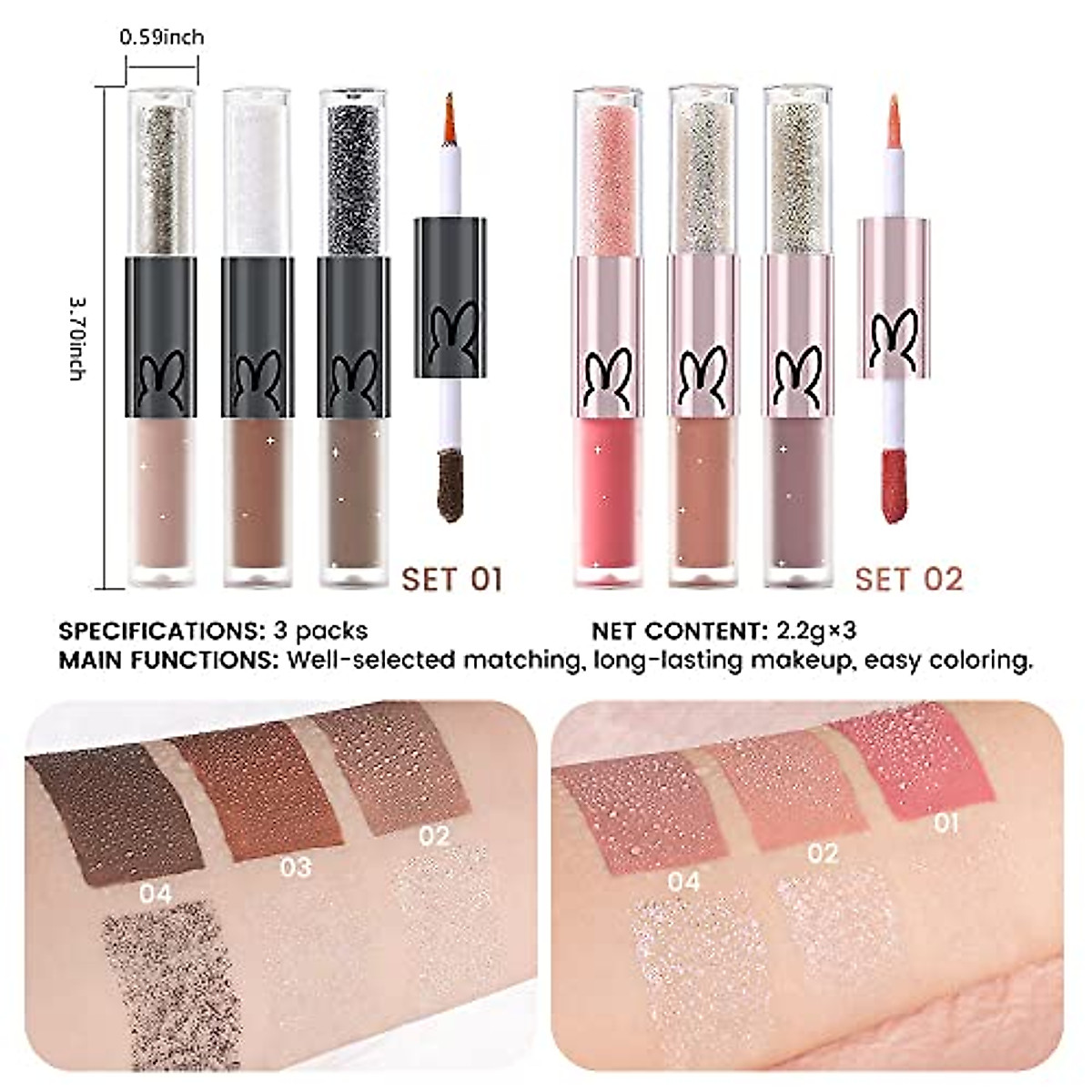 6 Colors Liquid Glitter Eyeshadow Sparkle Eye Makeup Sticks Set.Quick Drying & Easy to Apply.Pink#