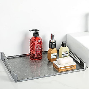 MyGift Rustic Square Silver Galvanized Metal Large Serving Tray with Handles, Tray for Ottoman, Breakfast, Tea, Coffee Table