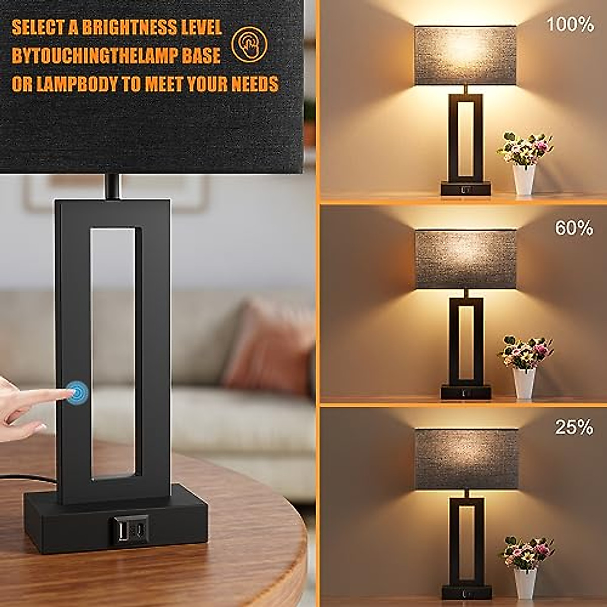 Nightstand Table Lamps for Bedrooms Set of 2 - Touch Bedside Lamp with USB C+A, 3 Way Dimmable Living Room Lamps for End Tables Set of 2, Modern Night Stand Lamps for Bed Side Guest Room(Black)
