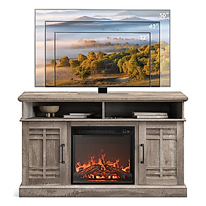 BELLEZE 48" TV Stand with 18" Electric Fireplace Heater, Modern TV Stand for TVs up to 50", Entertainment Media Stand with Open Shelves and Storage Cabinets for Living Room, Bedroom (Ashland Pine)