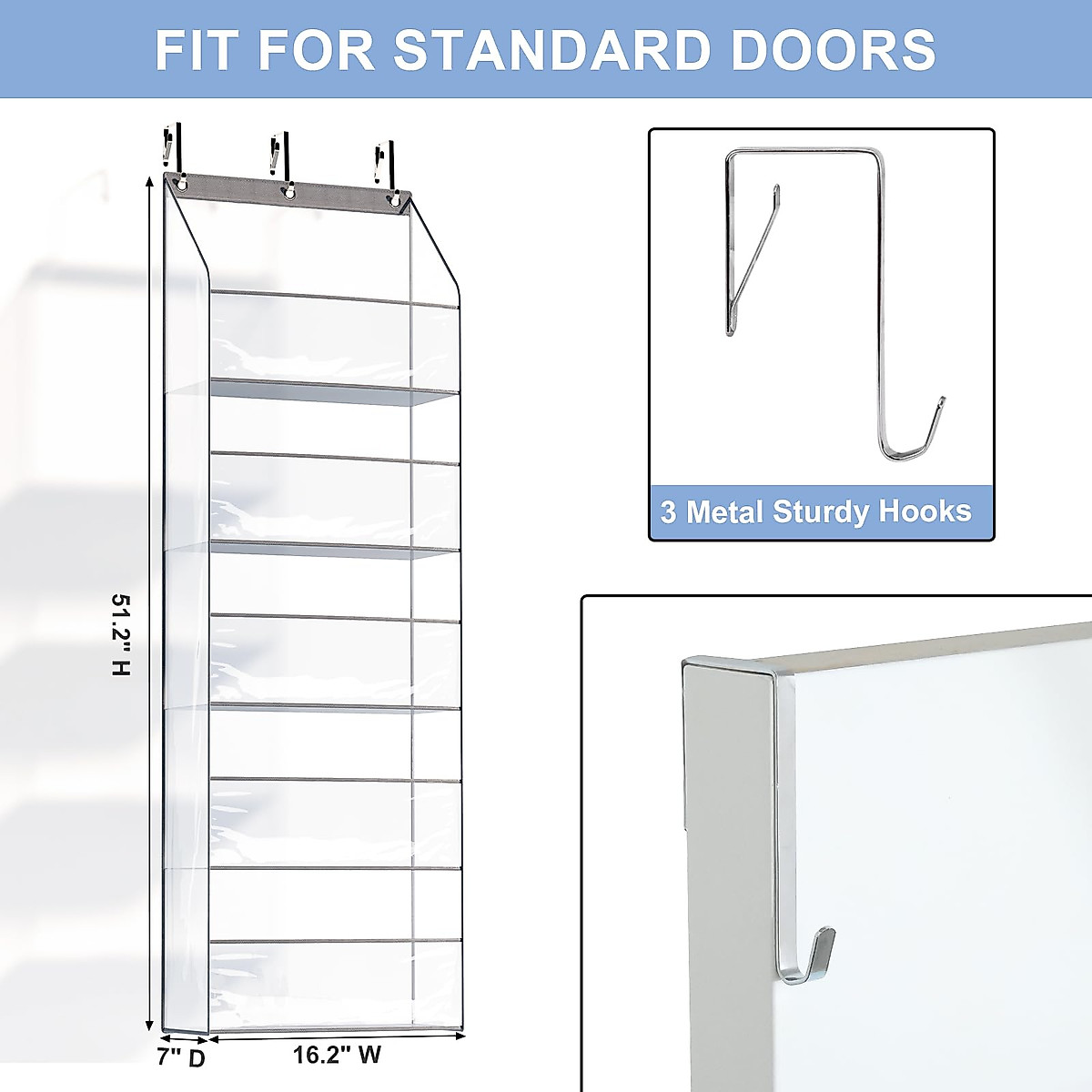 Fixwal Clear Over The Door Hat Racks Hanging Storage with 5 Large Pockets Holds up to 50 Caps Hat Storage Organizer for Closet Wall, Deep Pockets Hanging Hat Holder with 3 Hooks, Grey