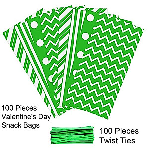 Aneco 100 Pack Green and White Cellophane Bags Plastic Candy Bags Gift Bags Goodie Bags with Twist Ties for Valentine, Birthday, Gift Cookie Snack Packing Party Favor Supplies