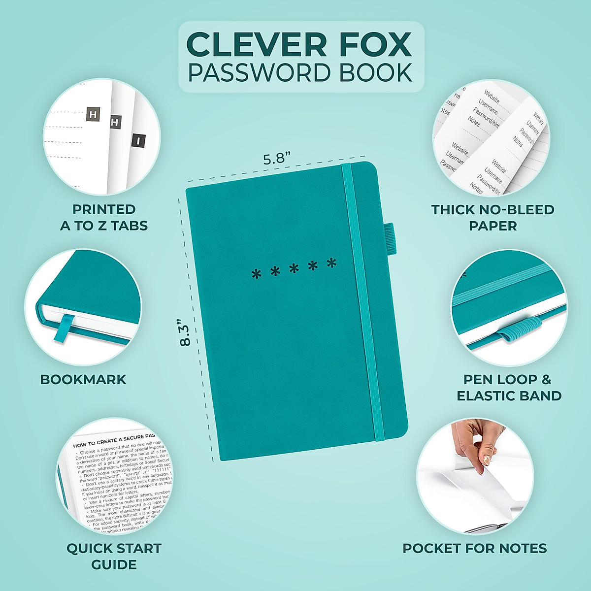 Clever Fox Password Book – Alphabetized Internet Address & Password Organizer – Computer & Website Password Keeper Notebook – Log-In Password Journal - Medium, A5, 8.3x5.8″, Hardcover (Turquoise)