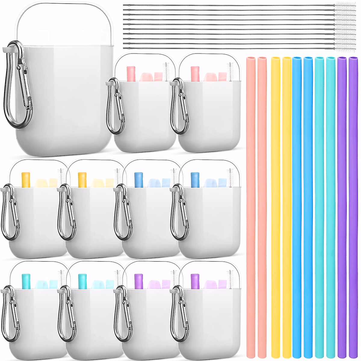 Mumufy 10 Set Silicone Travel Straws with Case Reusable Straws Foldable Drinking Straw Collapsible Portable Straw Set for Party Cold or Hot Straw with 10 Carry Cases 10 Cleaning Brushes 8.66 Inch Long