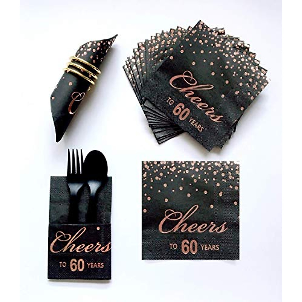 Rose Gold Foil Cocktail Napkins with Cheer 60 Years | Folded 5 x 5 Inches Disposable Party Napkins | 3-Ply Paper Beverage Napkins for 60th Birthday Decorations, Wedding Anniversary, Retirement, Black